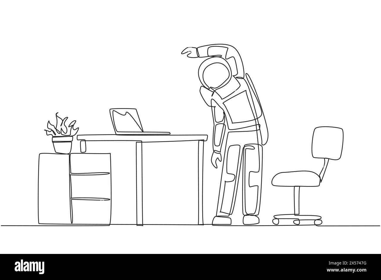 Single one line drawing astronaut stands while raising one hand and ...