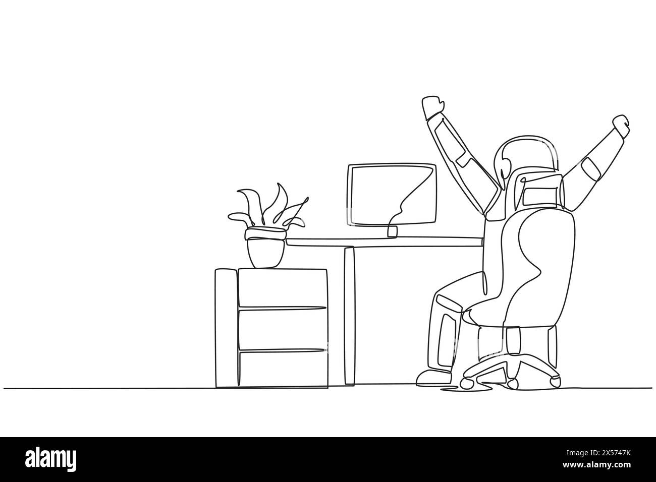 Continuous one line drawing astronaut sit on chair opening and raising ...