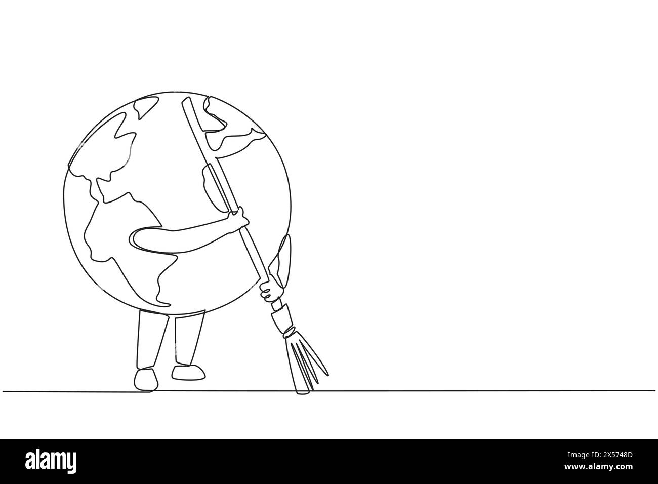 Single continuous line drawing globe sweeps up the scattered rubbish ...