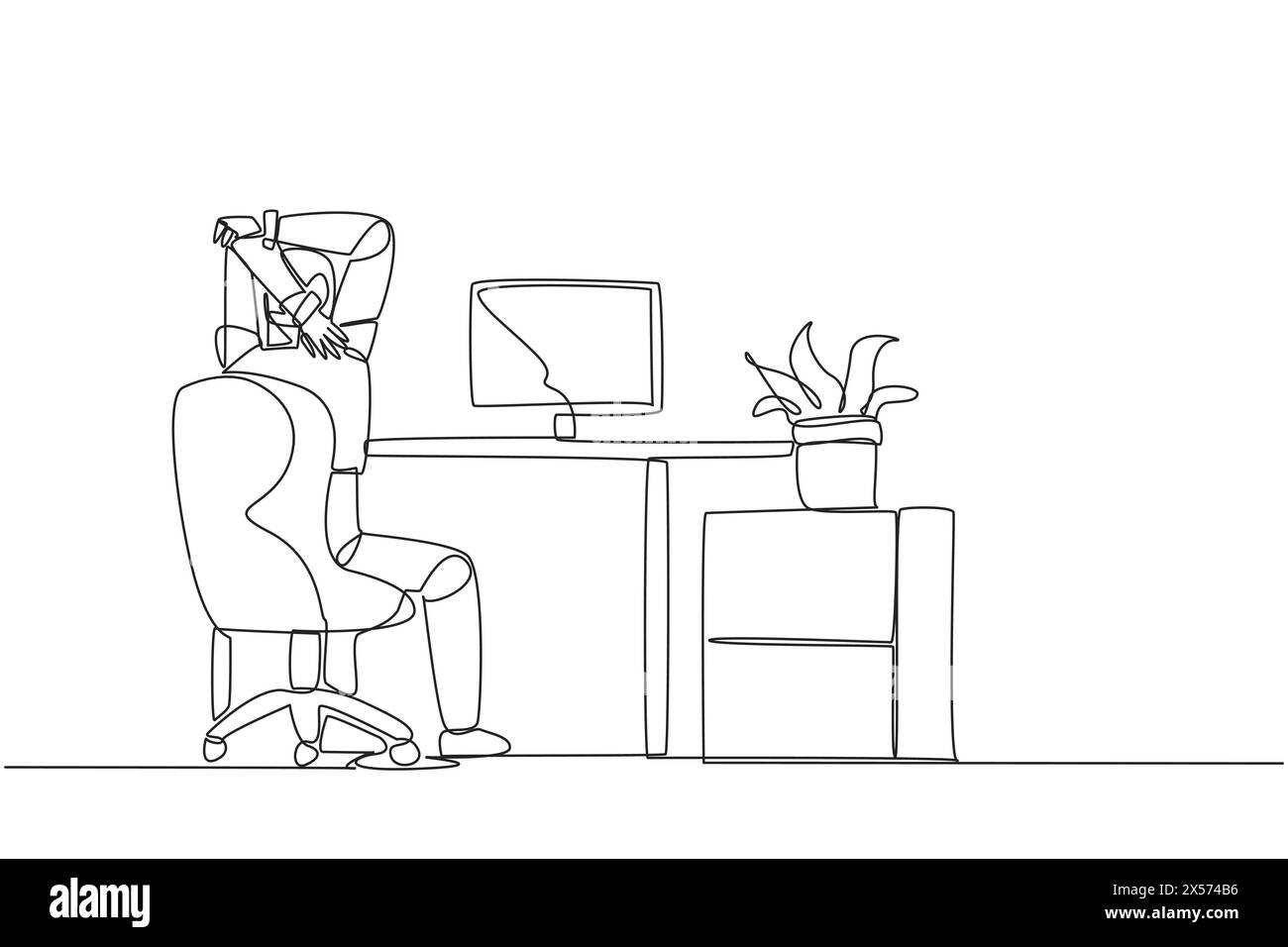 Continuous one line drawing robot sitting in a work chair warming up ...