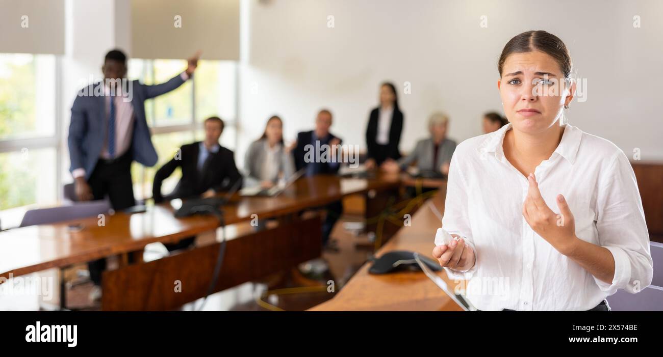 Devastated millennial white brunette female worker being fired Stock ...
