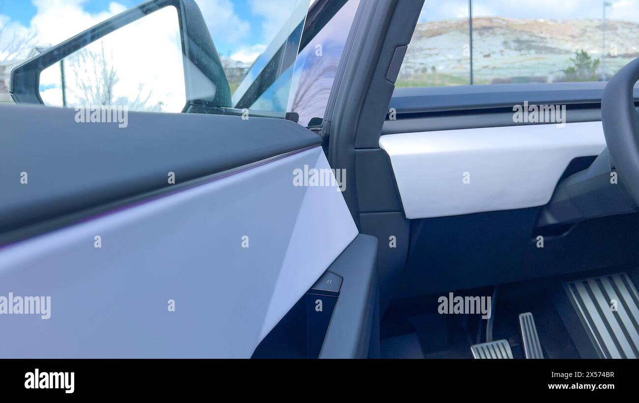 Inside the Tesla Cybertruck: A View from the Driver Seat Stock Photo ...