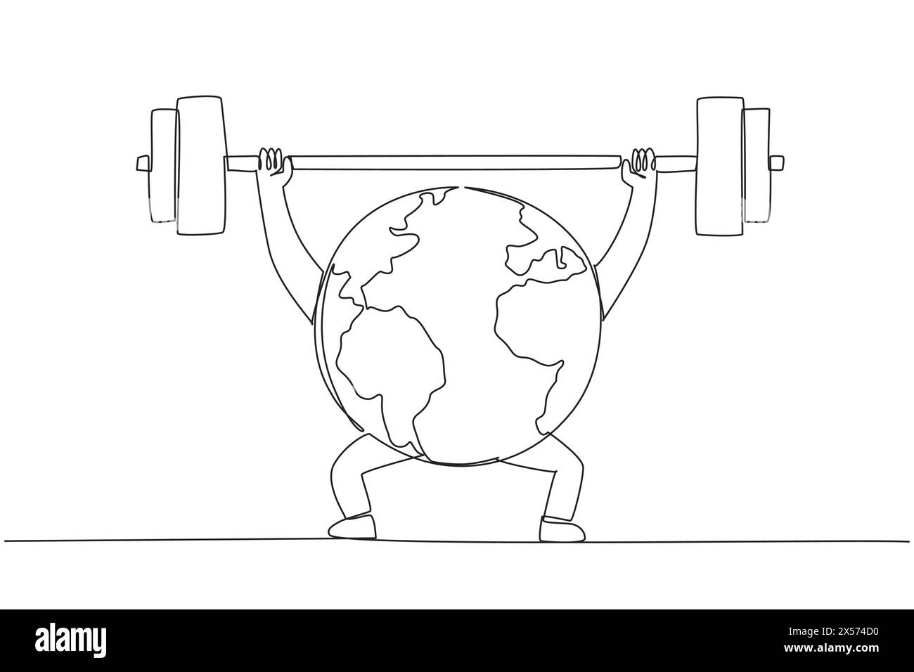 Single continuous line drawing globe lifts barbell with both hands. The ...