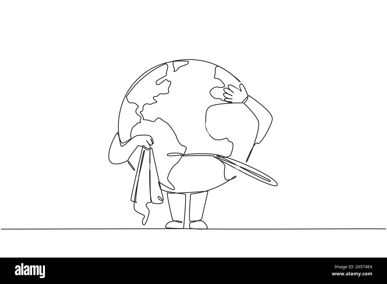 Continuous one line drawing globe chews thermometer while holding ...