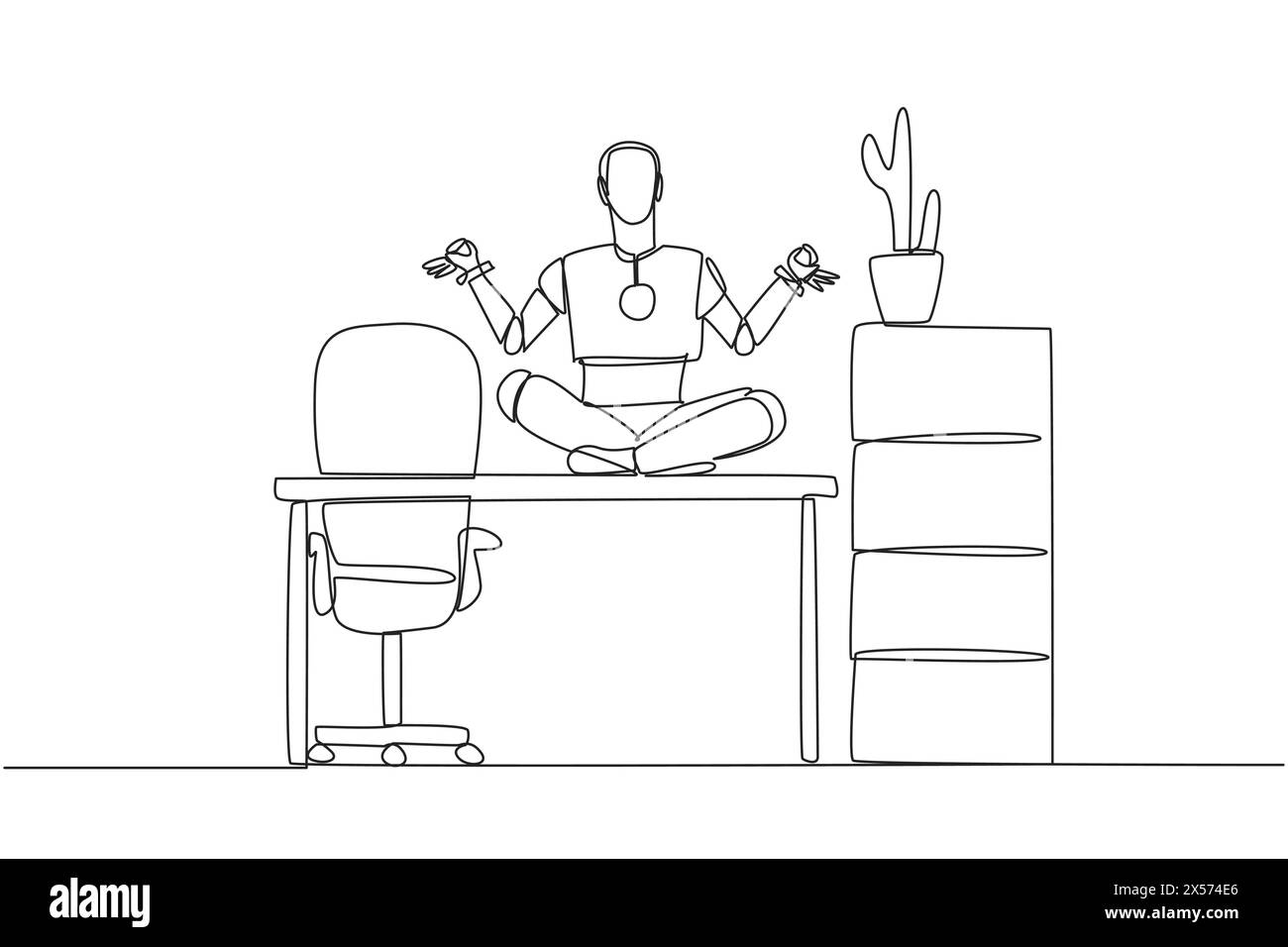 Single continuous line drawing smart robot sitting cross-legged on a ...