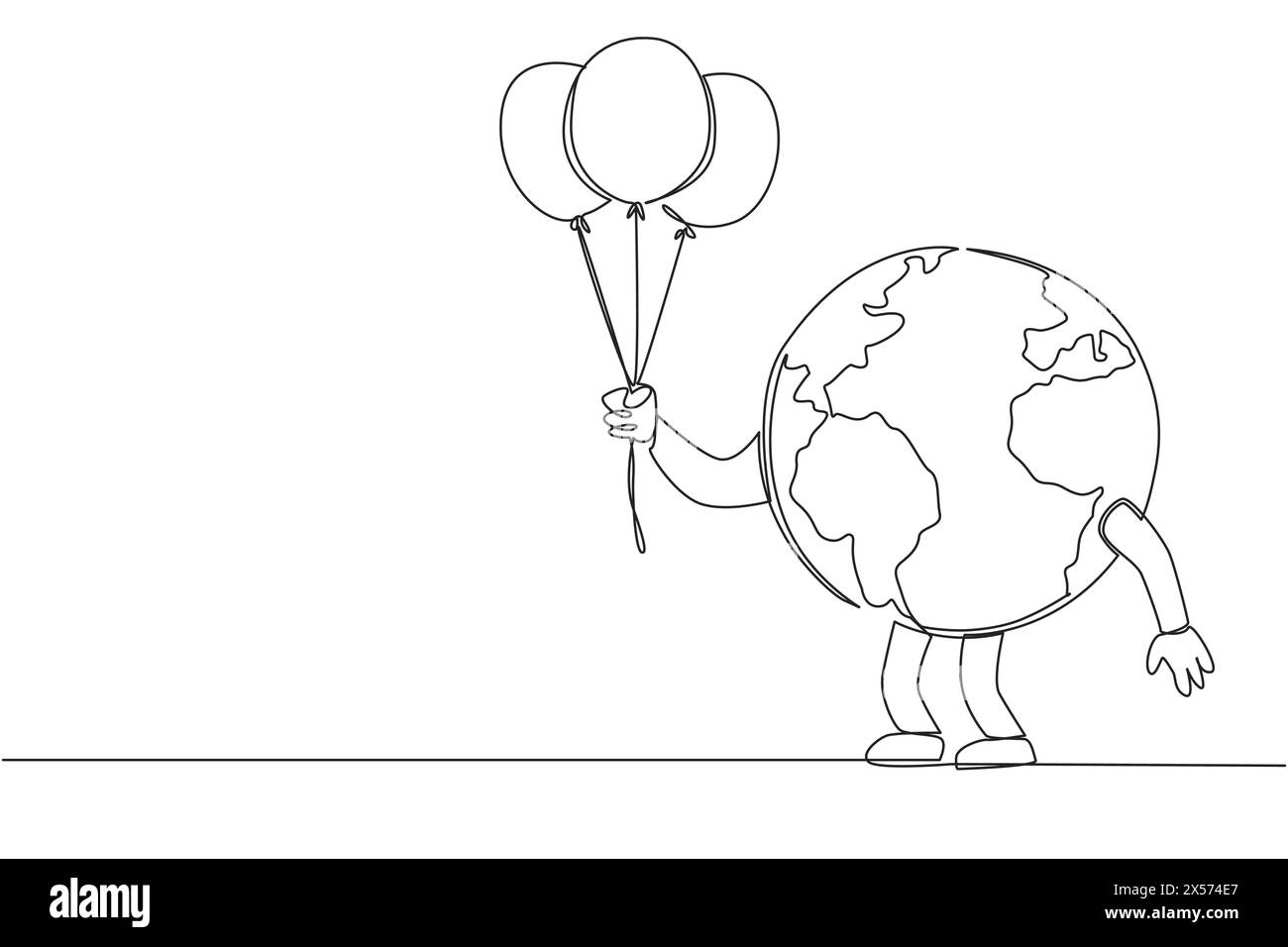 Continuous one line drawing globe holds several balloons. The clean air ...