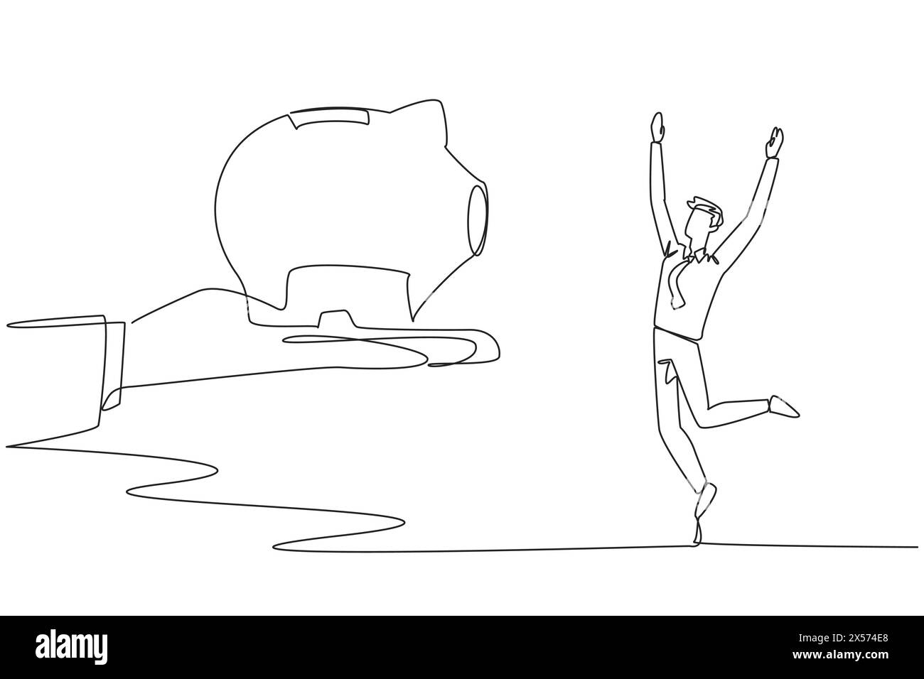 Single continuous line drawing the businessman was happy to get a piggy ...