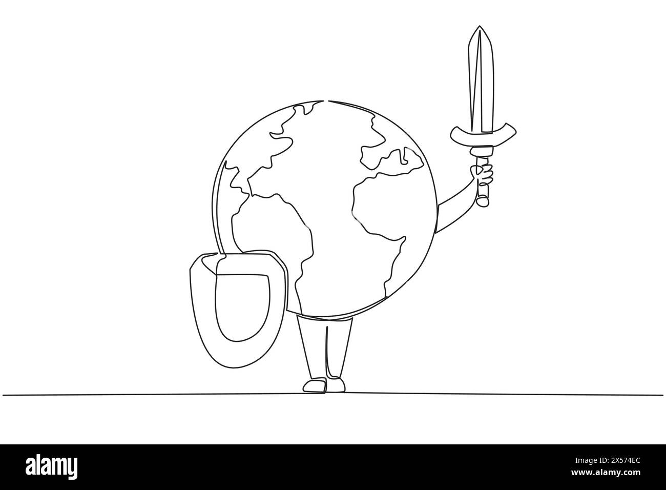 Continuous one line drawing globe holds a shield and sword. Guardian of ...