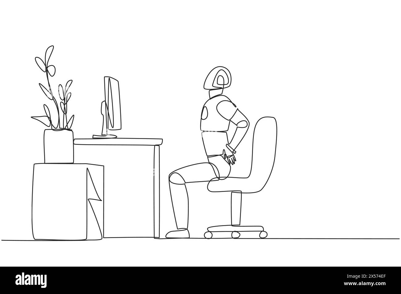 Continuous one line drawing robot sitting in a work chair with hands ...