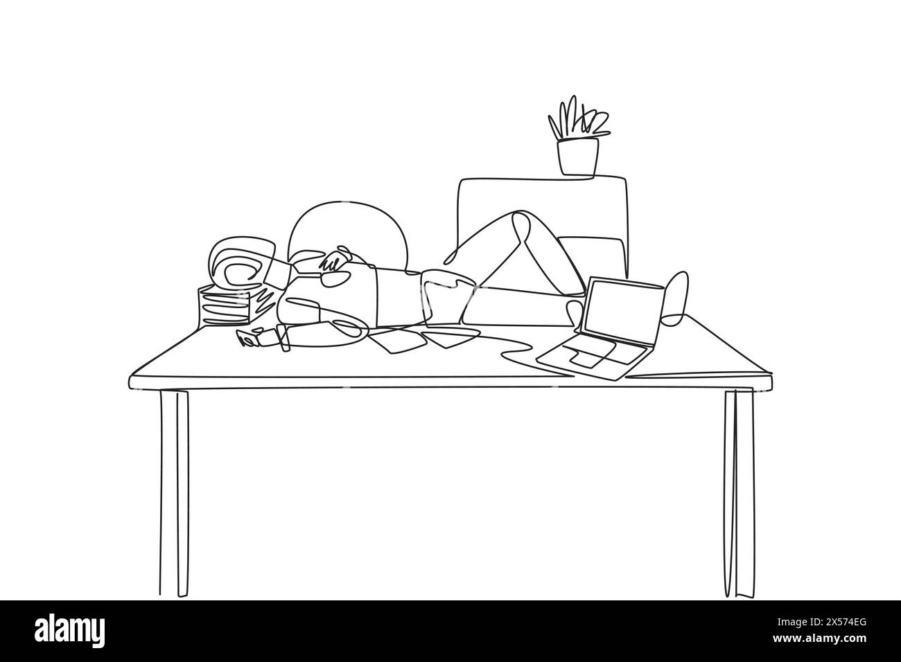 Continuous one line drawing robot fell asleep on the table with a ...