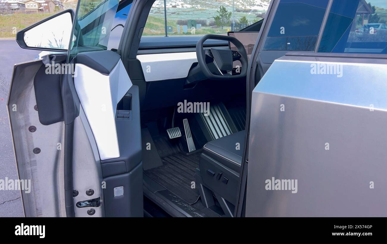 Inside the Tesla Cybertruck: A View from the Driver Seat Stock Photo ...