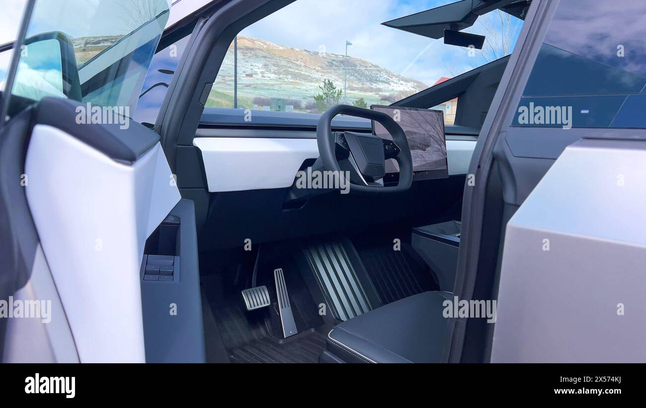 Inside the Tesla Cybertruck: A View from the Driver Seat Stock Photo ...
