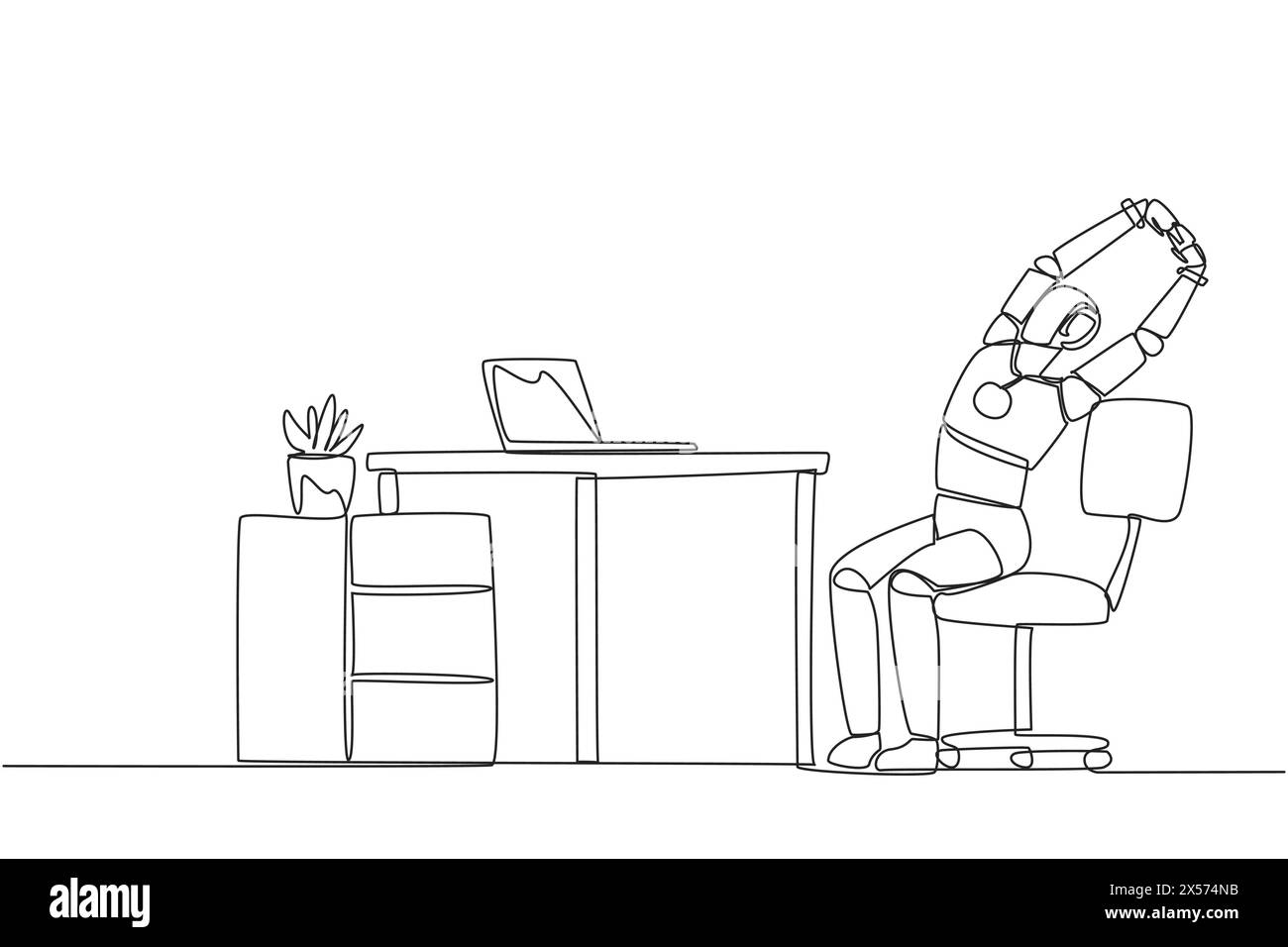 Single one line drawing robot sitting in work chair while raising both ...