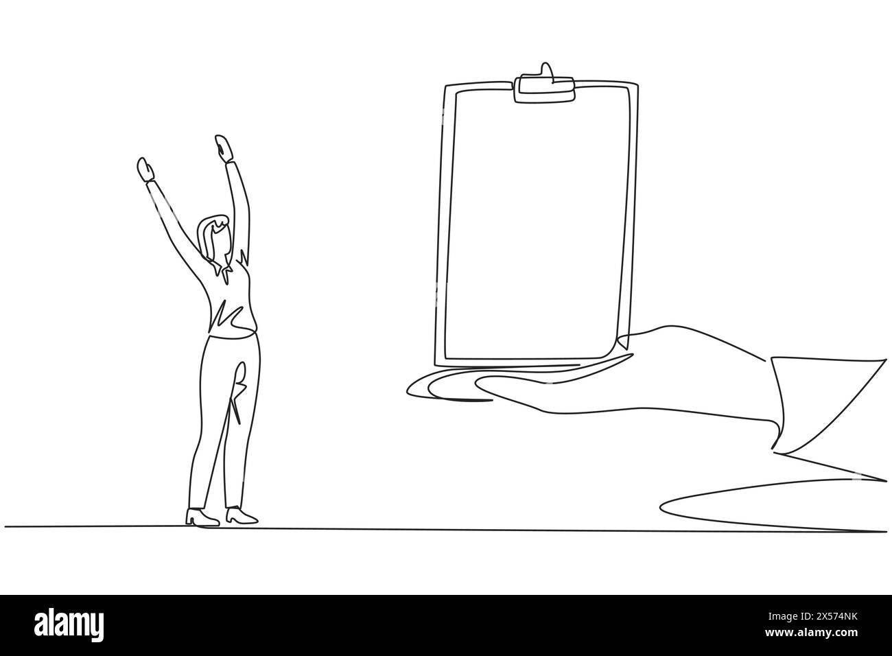 Single continuous line drawing the businesswoman was excited to get the ...