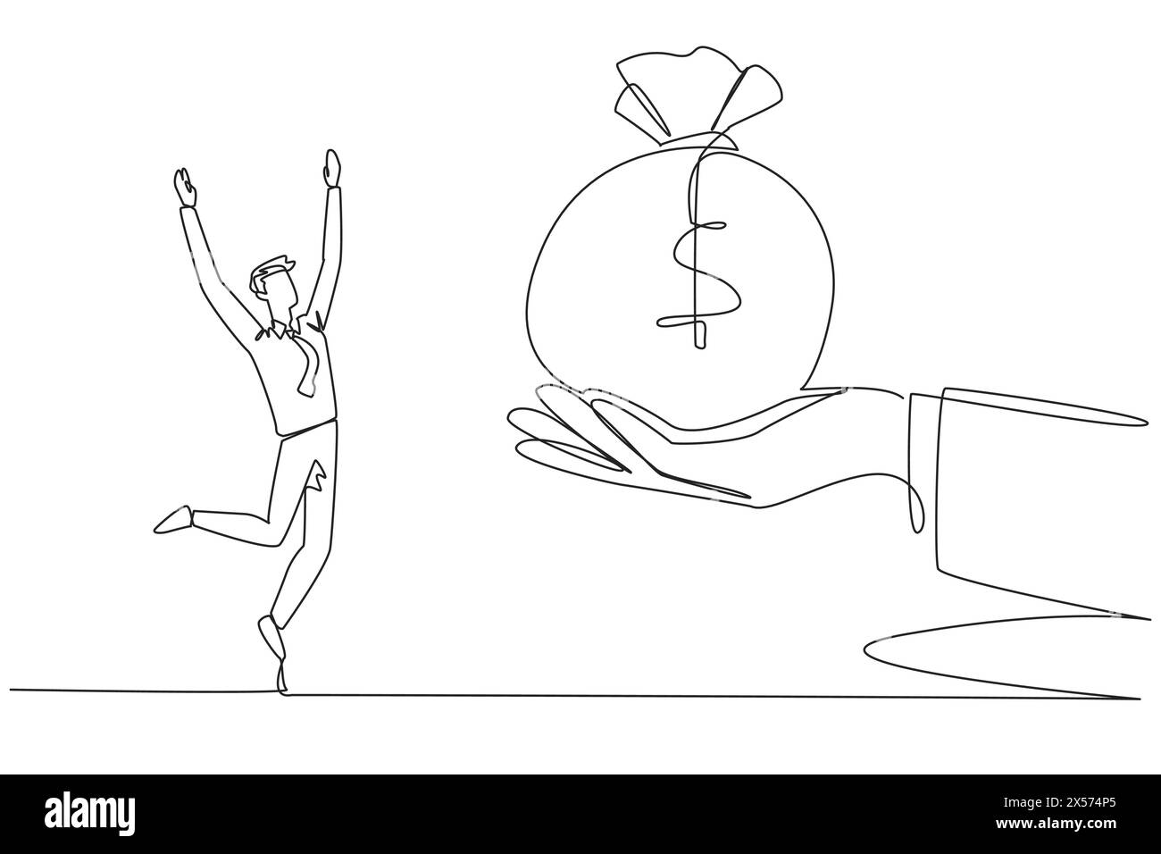 Continuous one line drawing businessman was excited to get money bag ...