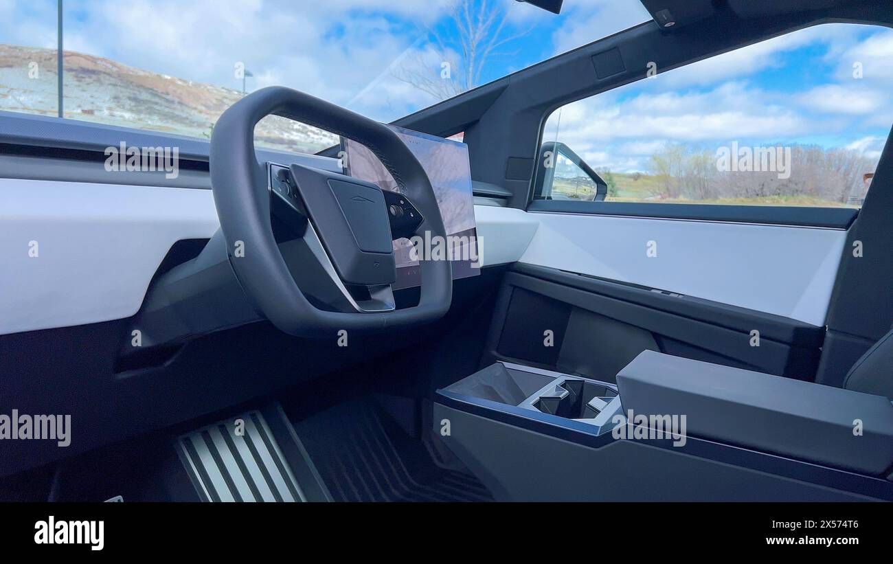 Inside the Tesla Cybertruck: A View from the Driver Seat Stock Photo ...
