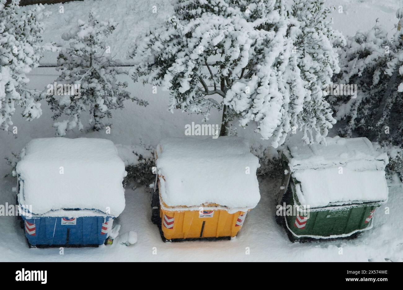 Snow covered recycling containers for plastic, paper and glass. Legazpi. Guipúzcoa, Spain Stock ...