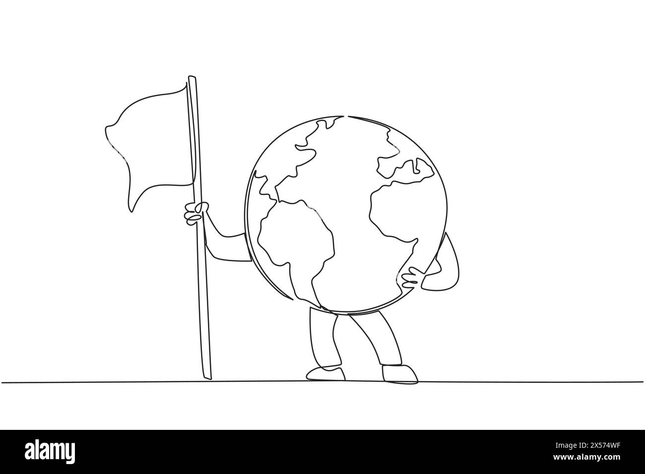 Single one line drawing globe holding a fluttering flag. Wind blow ...