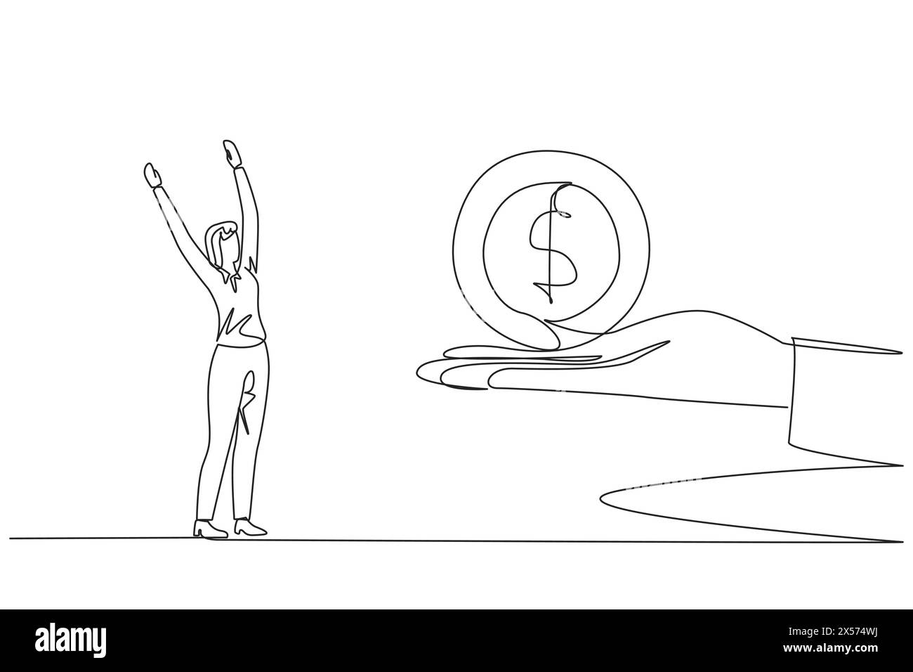 Single continuous line drawing the businesswoman is excited to get a ...