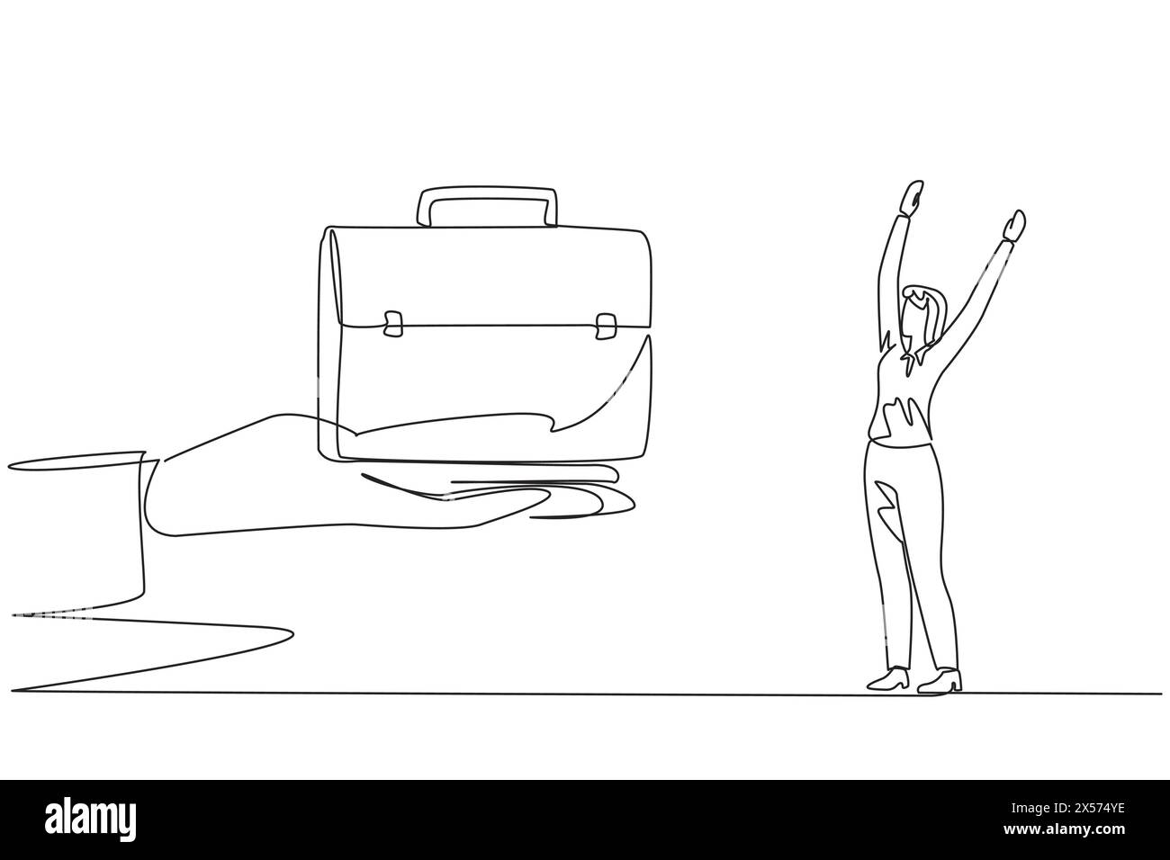 Single continuous line drawing businesswoman was excited to get the ...