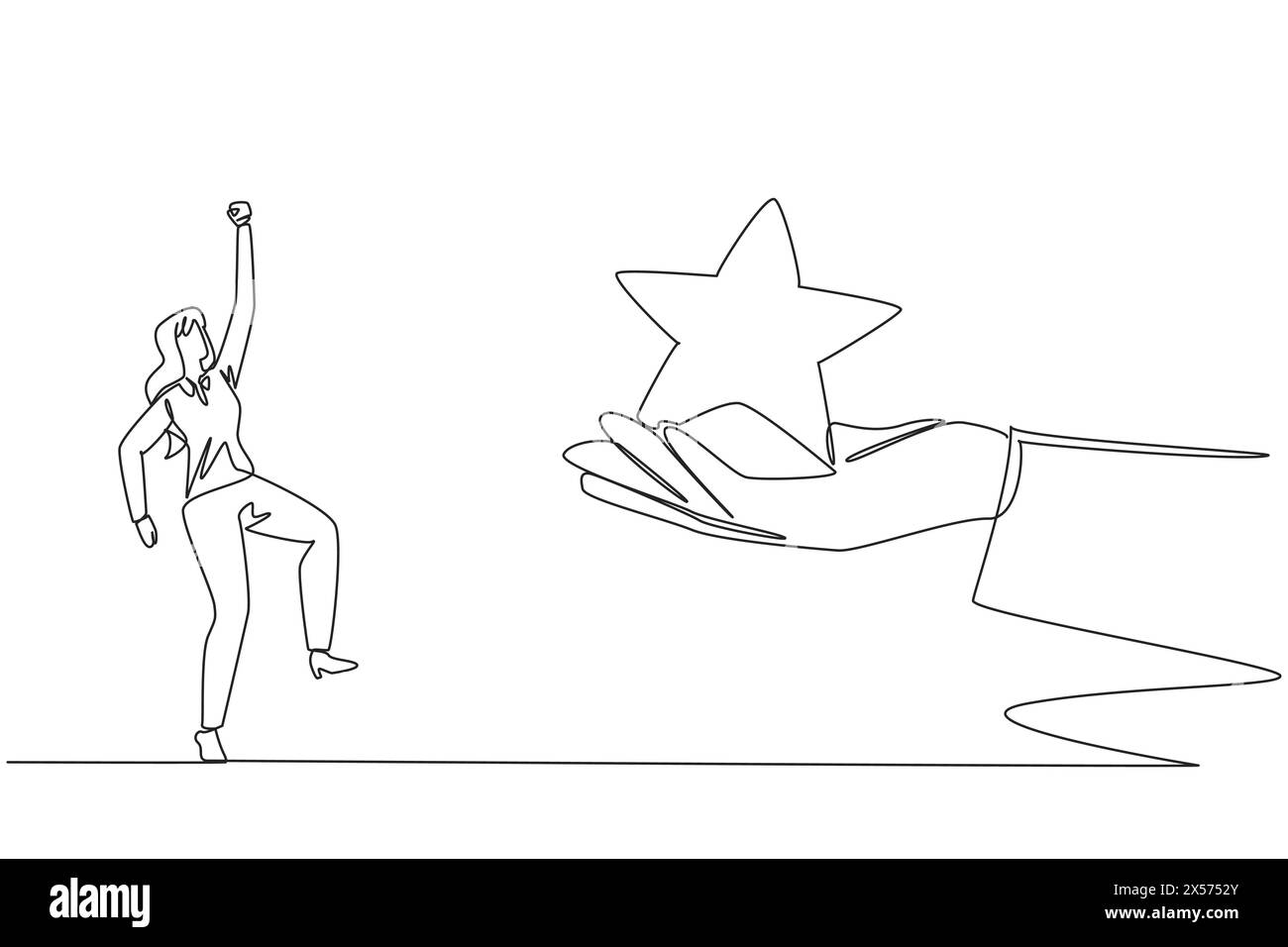 Continuous one line drawing businesswoman was happy to get a star from ...