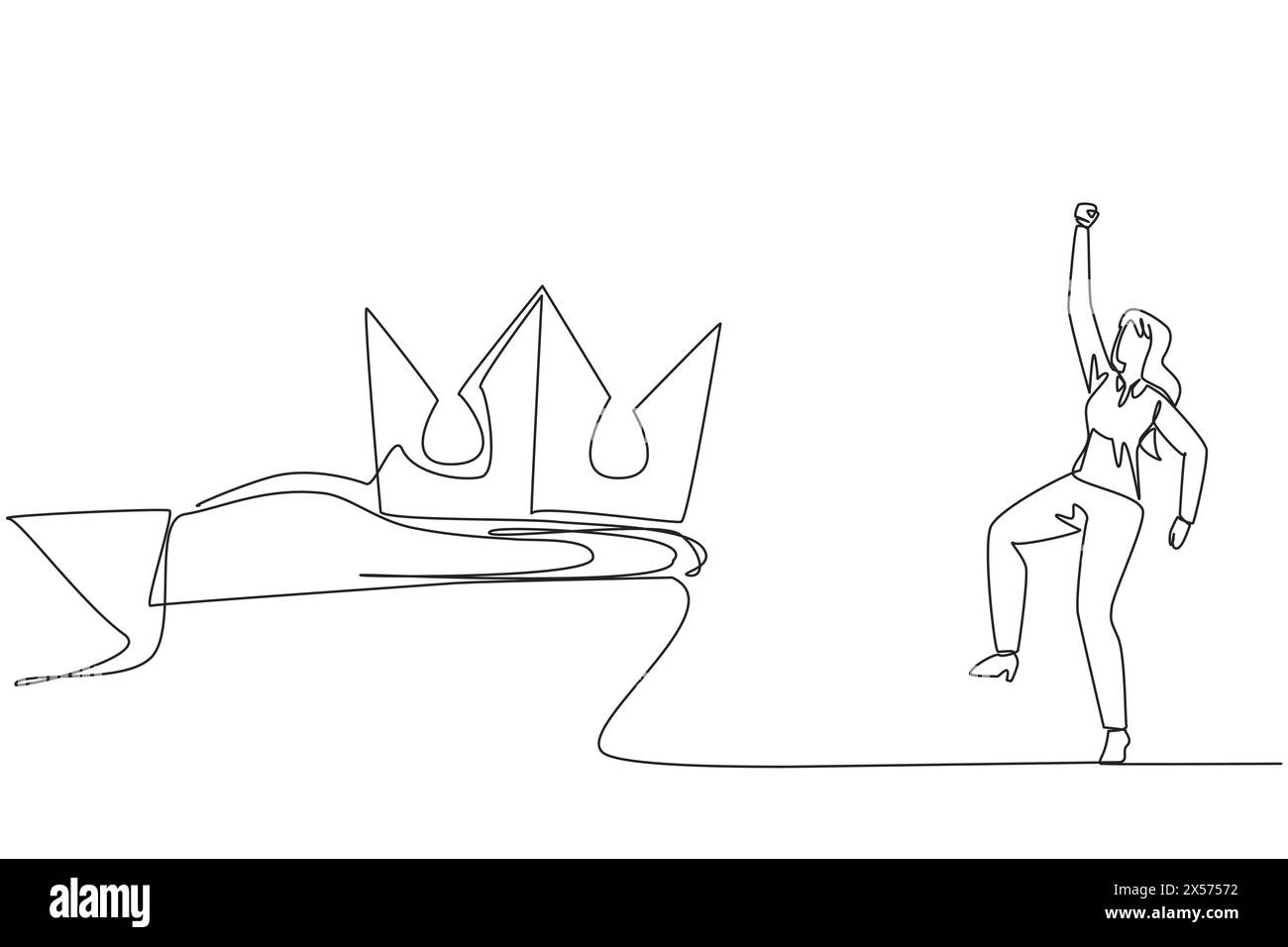 Single one line drawing the businesswoman is happy to get the crown ...