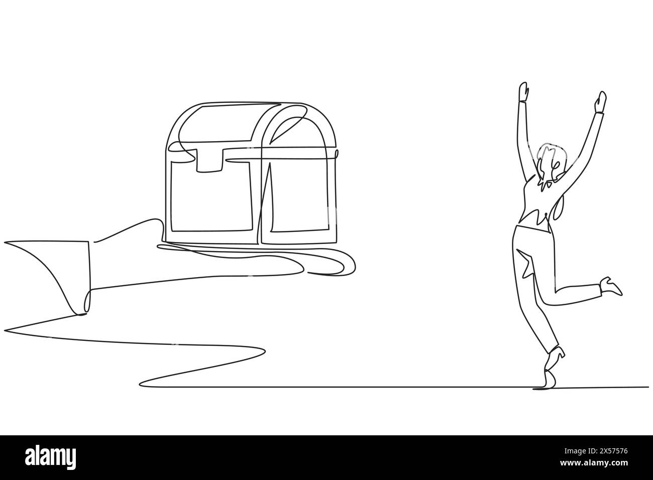 Single continuous line drawing businesswoman was excited to get the ...