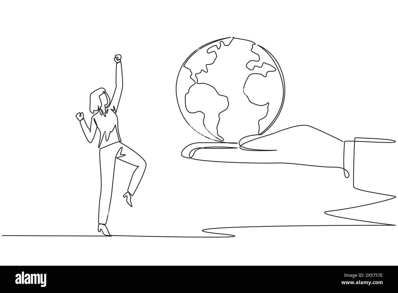 Single continuous line drawing the businesswoman is excited to get the ...