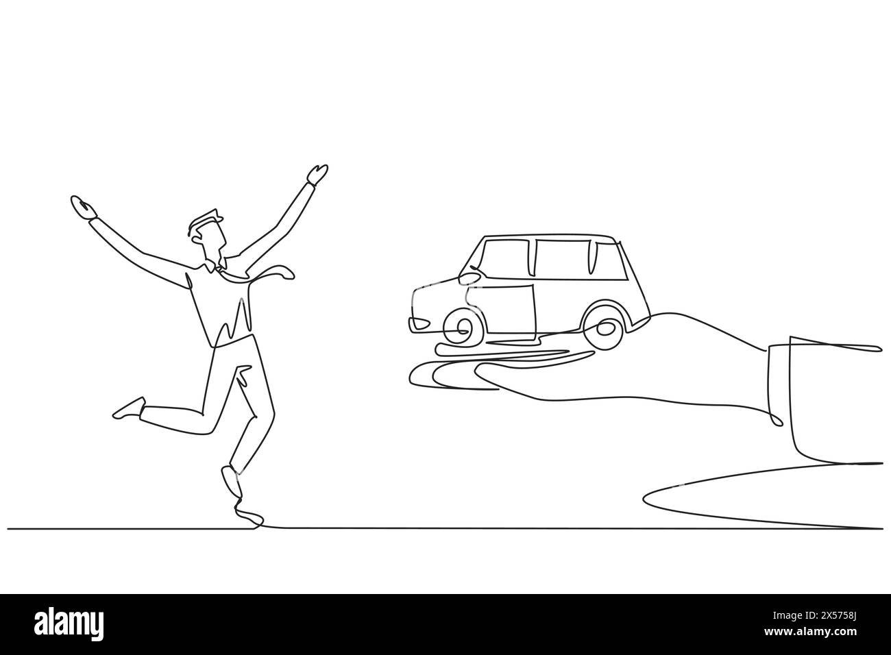 Single one line drawing businessman excited to get miniature car from ...