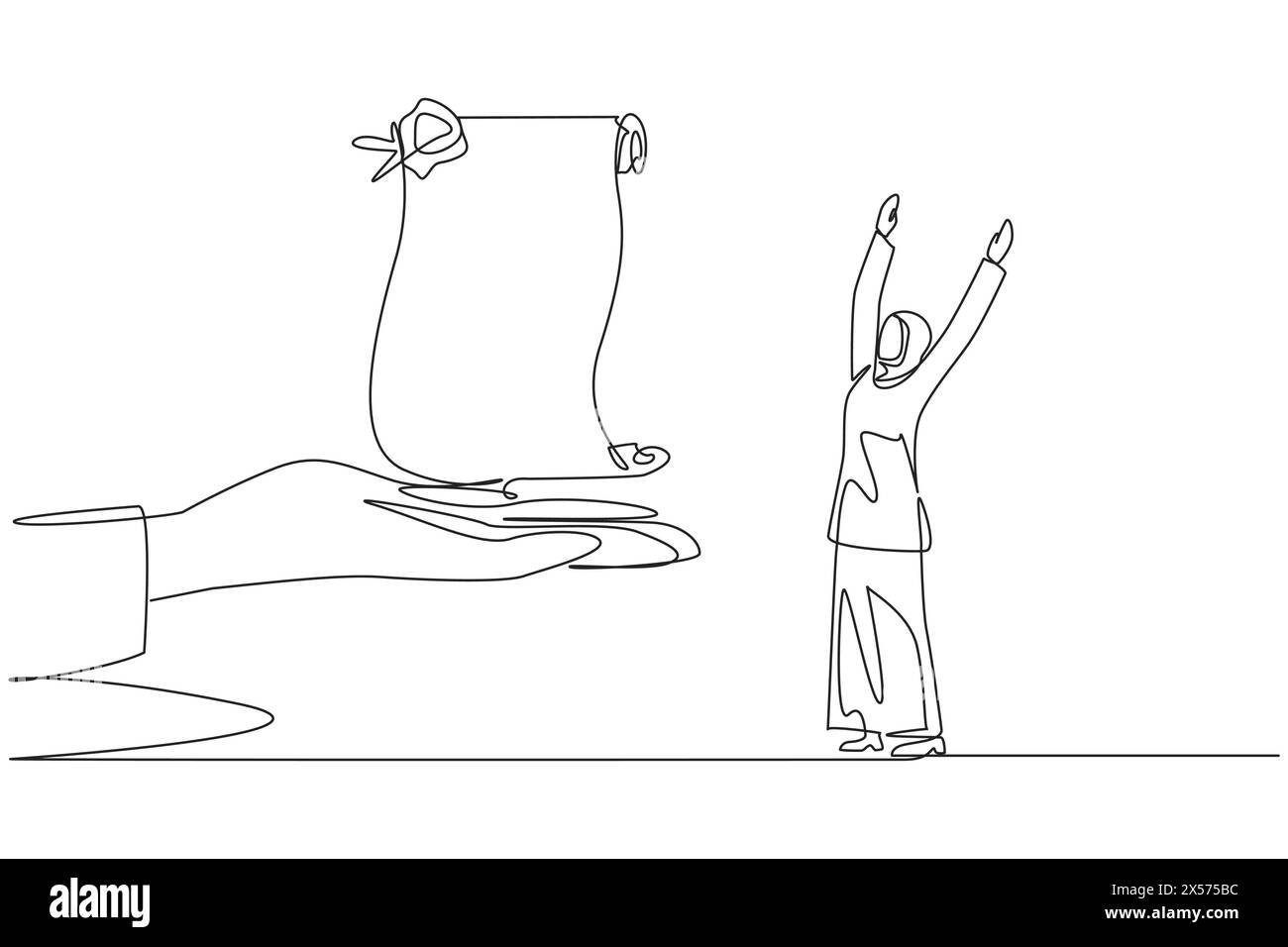Single continuous line drawing Arabian businesswoman excited to get ...