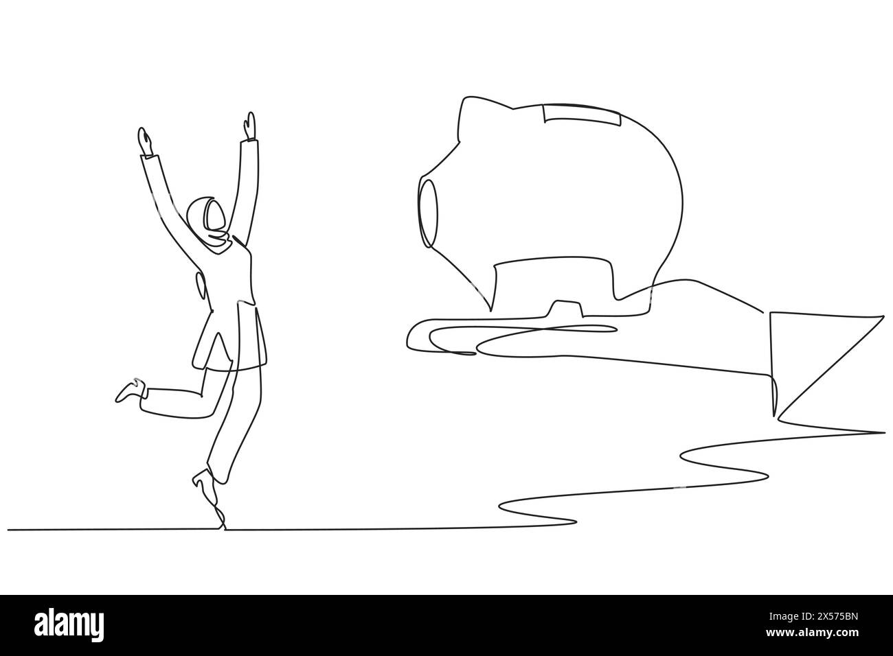 Single continuous line drawing young Arabian businesswoman happy to get ...