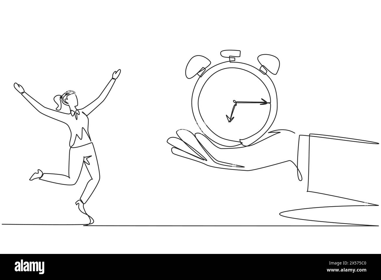 Single one line drawing businesswoman was excited to get alarm clock ...