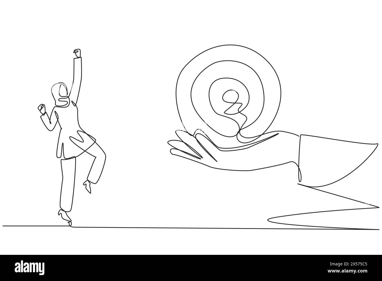 Continuous one line drawing Arab businesswoman excited to get the arrow ...