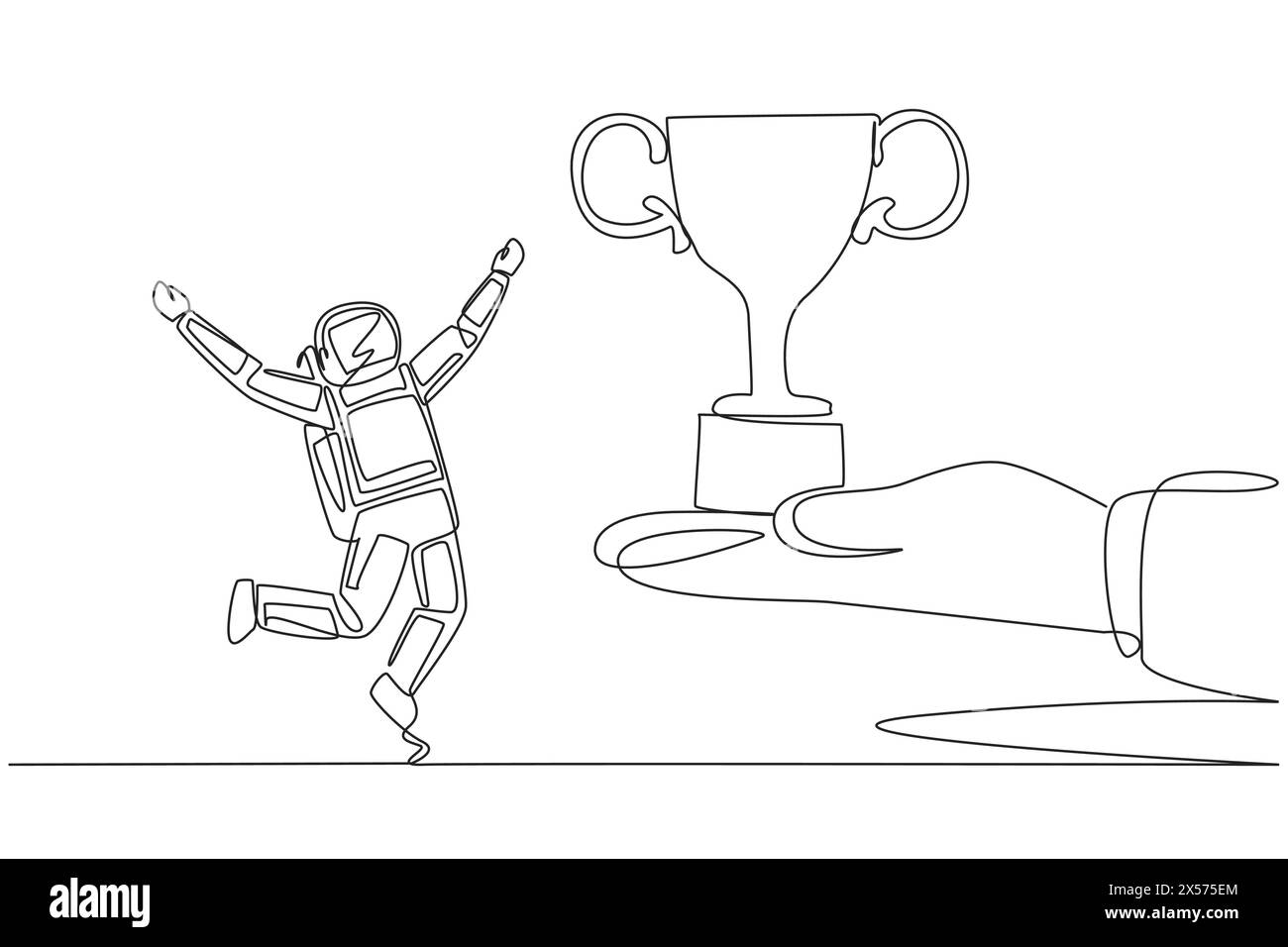 Single continuous line drawing young astronaut happy to get the trophy ...