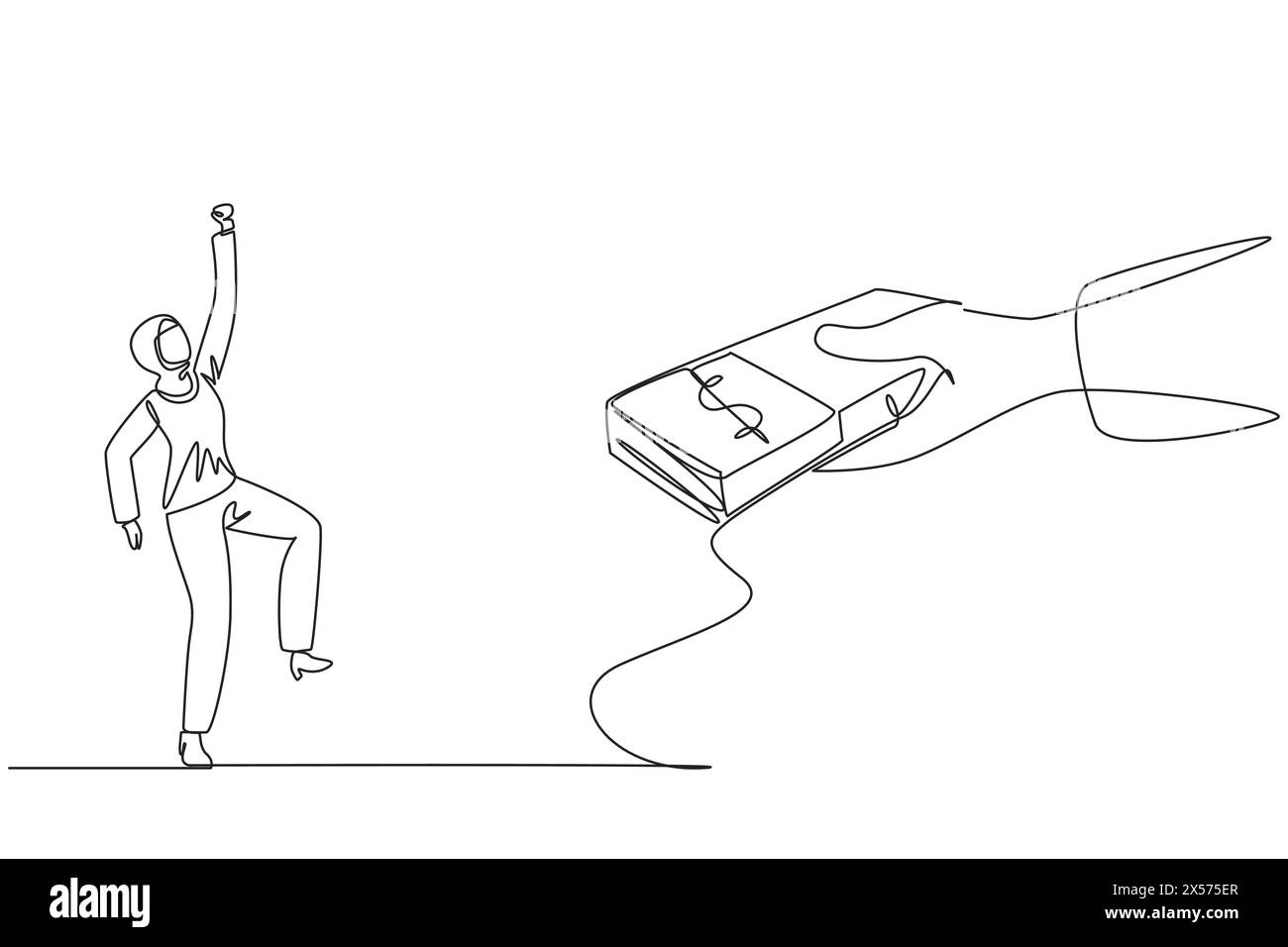 Single continuous line drawing Arabian businesswoman excited to get a ...