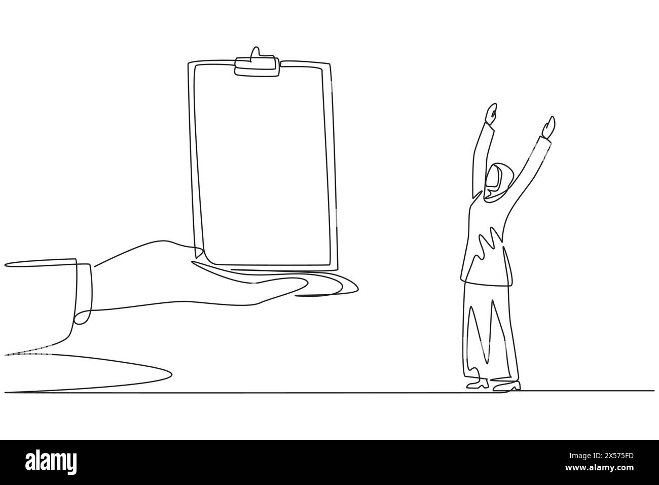 Single one line drawing Arabian businesswoman was excited to get the ...