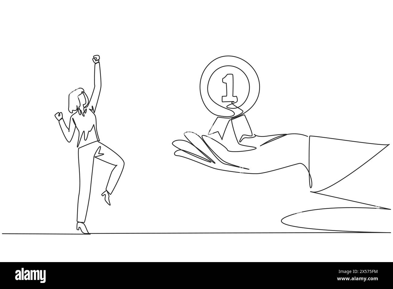 Single continuous line drawing businesswoman was happy to get reward ...