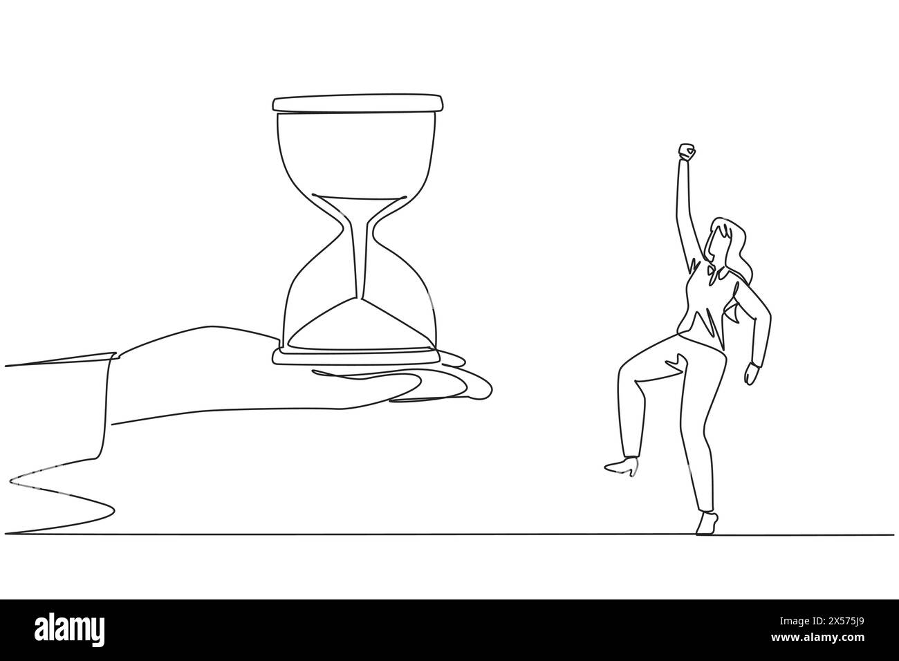 Continuous one line drawing businesswoman was excited to get hourglass ...