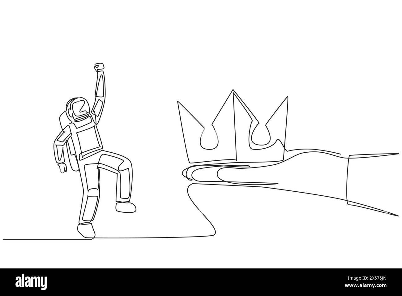 Continuous one line drawing astronaut happy to get the crown from a ...