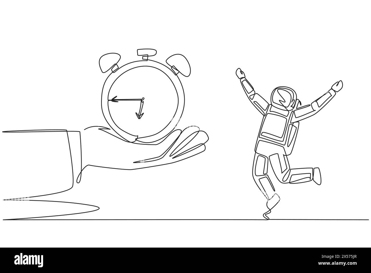 Single one line drawing astronaut excited to get alarm clock from the ...
