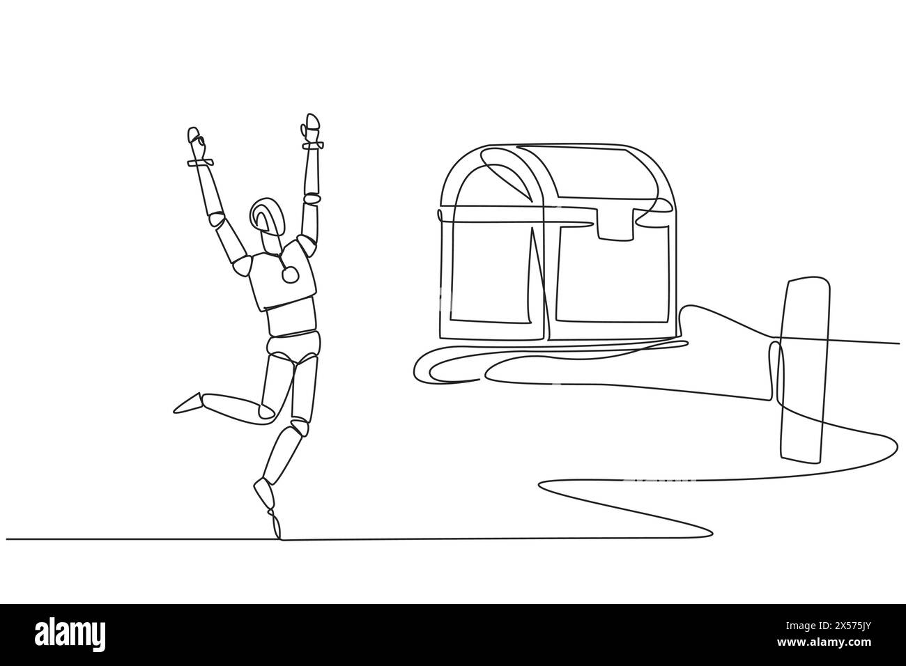 Continuous one line drawing robot was excited to get the treasure chest ...