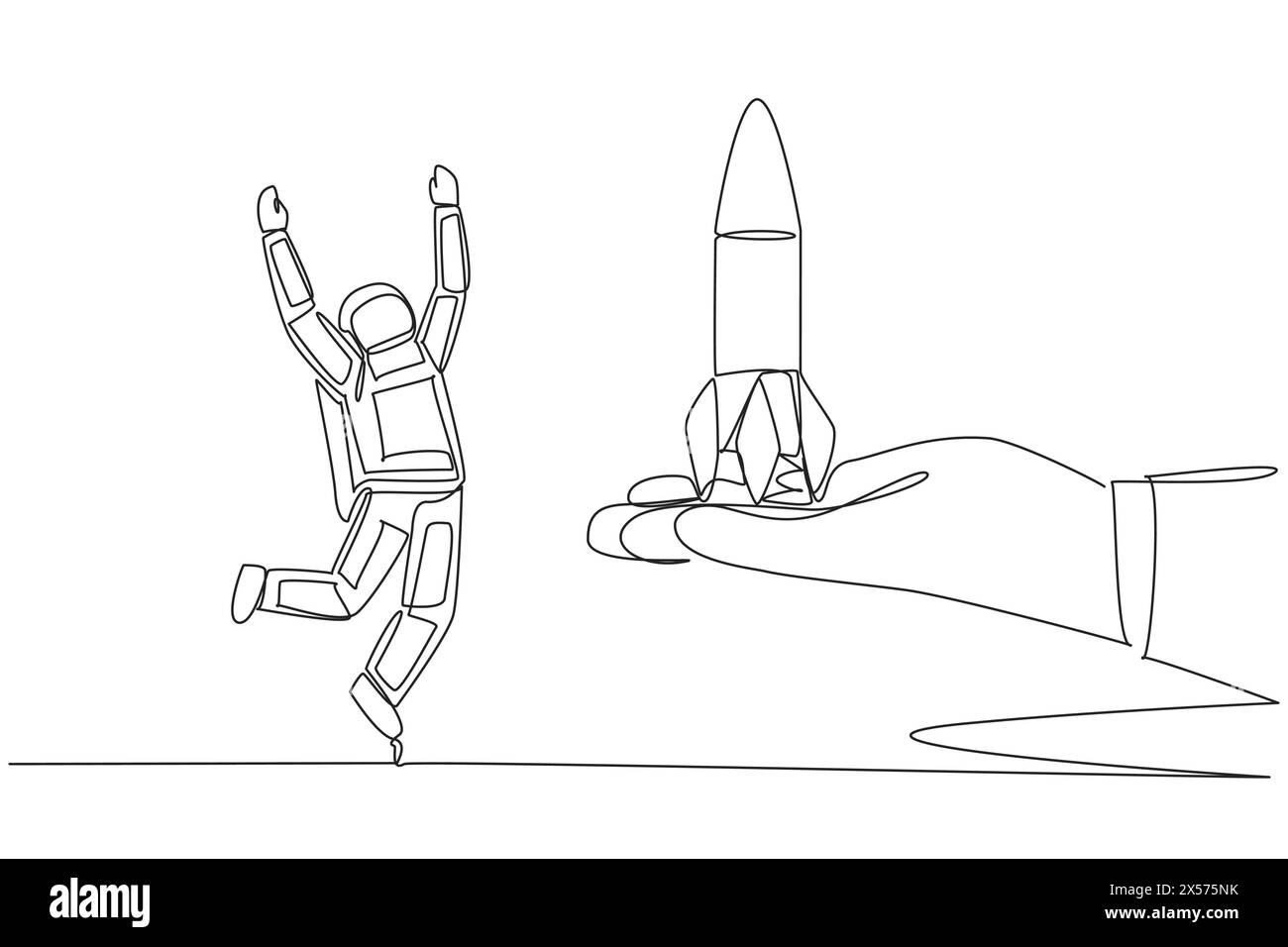 Single continuous line drawing astronaut happy to get rocket from the ...