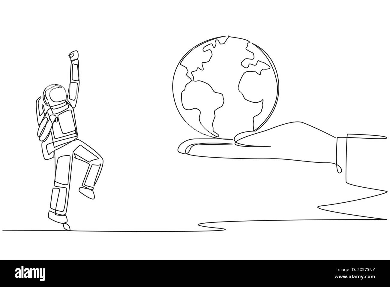Single one line drawing astronaut excited to get the globe from giant ...