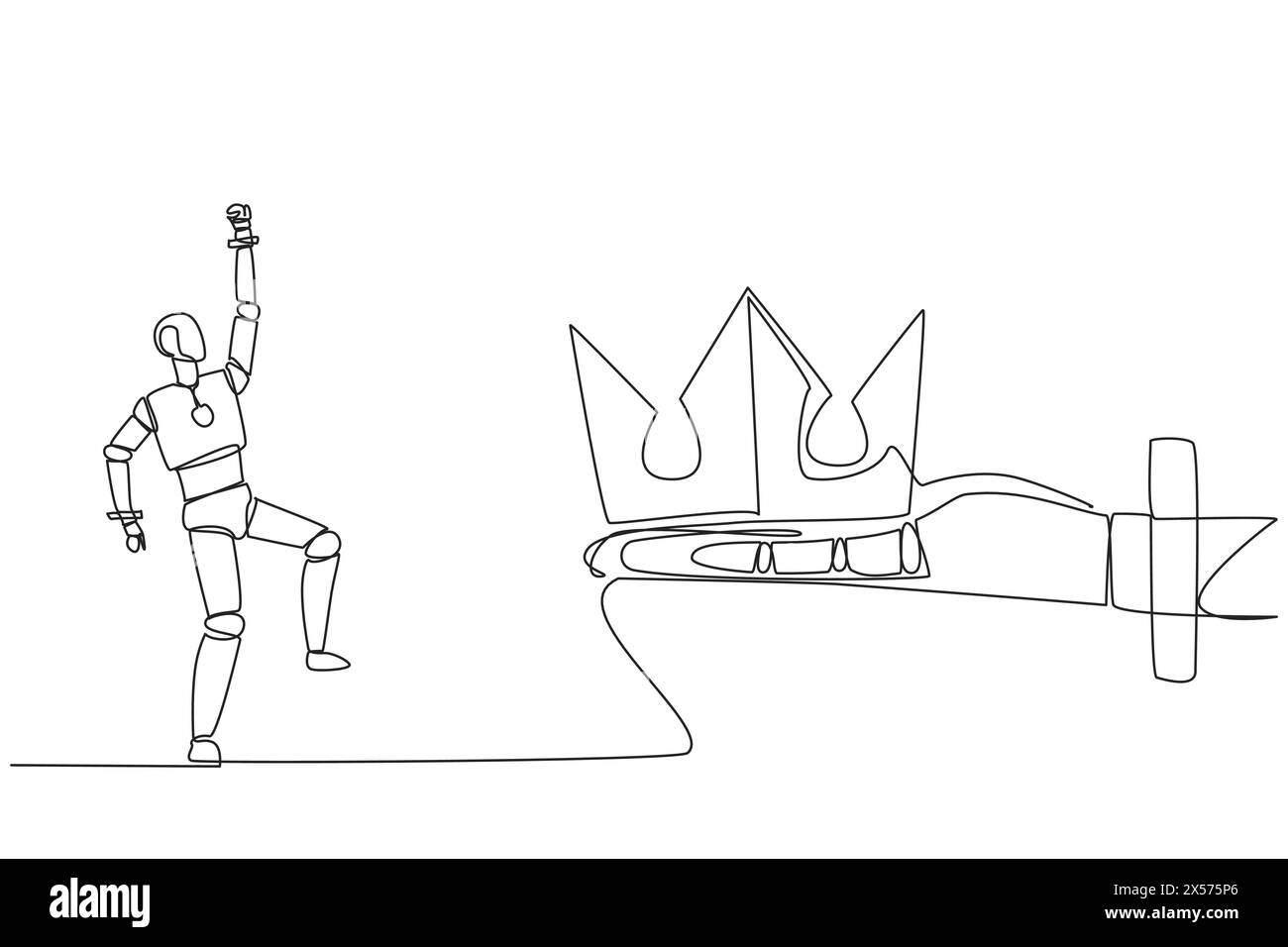 Single continuous line drawing robot happy to get the crown from the ...