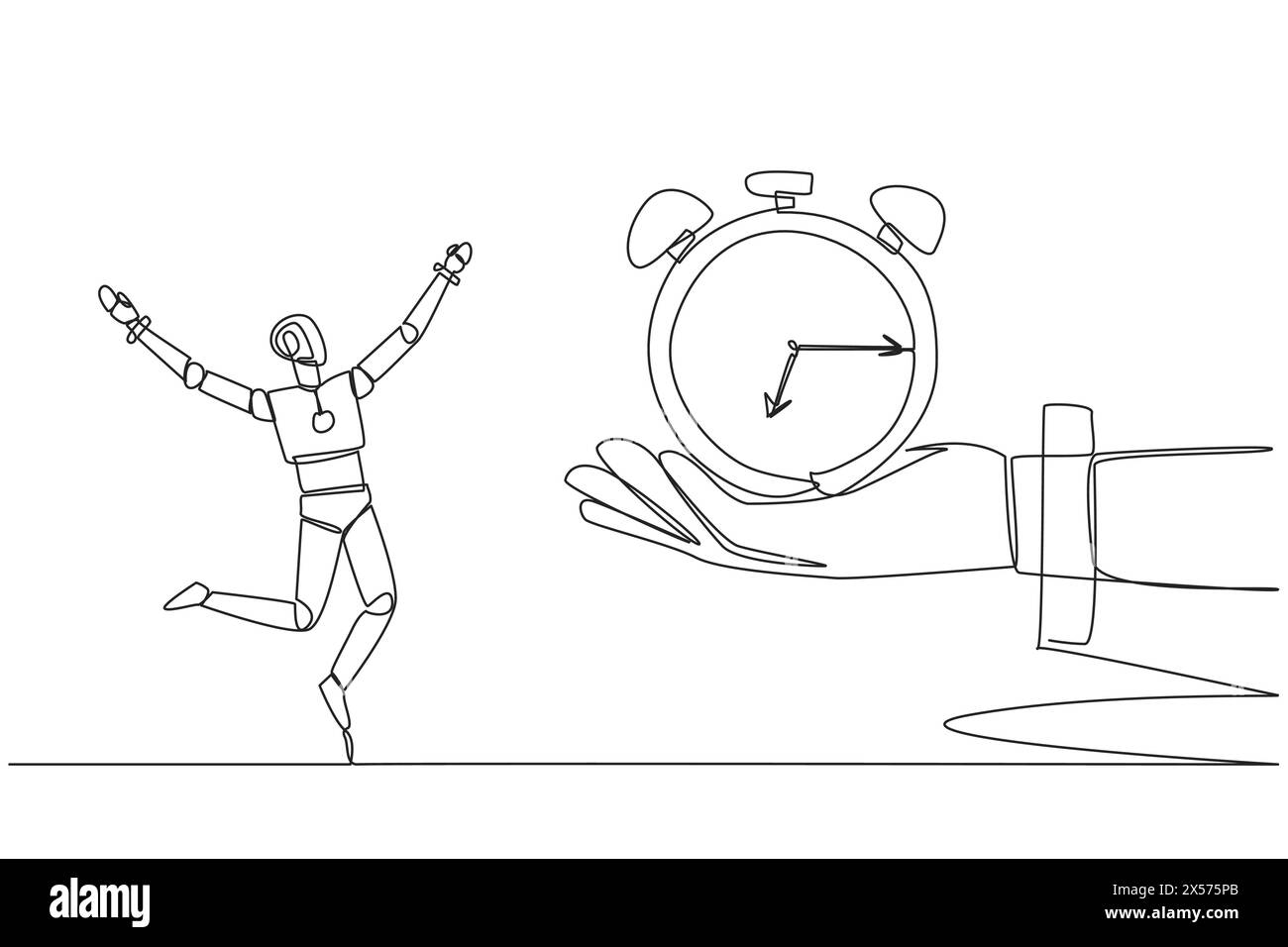 Single one line drawing a robot excited to get alarm clock from the ...