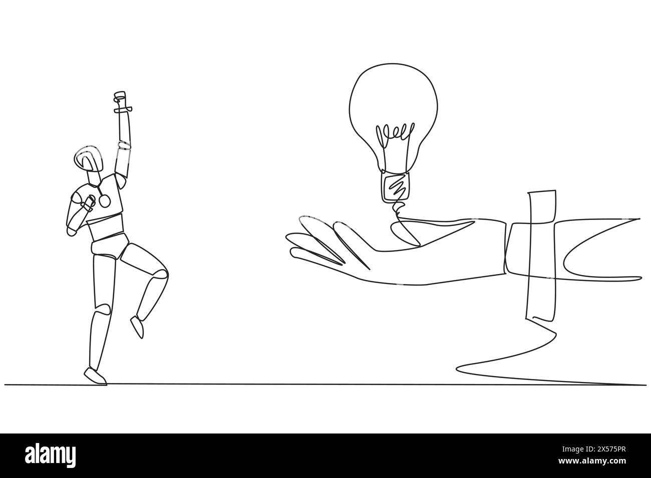Single one line drawing a robot is excited to get lightbulb from a ...