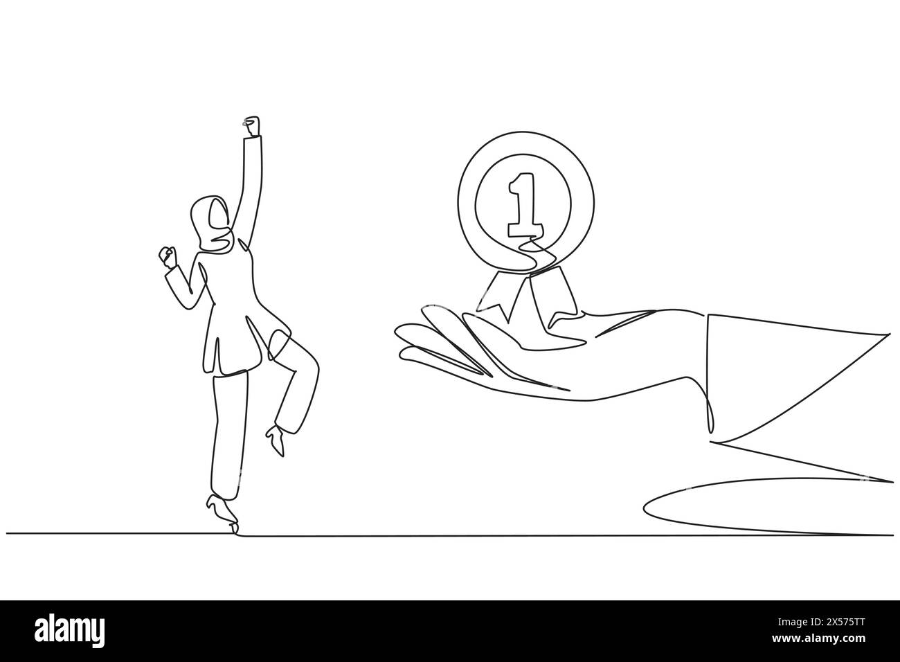 Continuous one line drawing Arabian businesswoman was happy to get ...