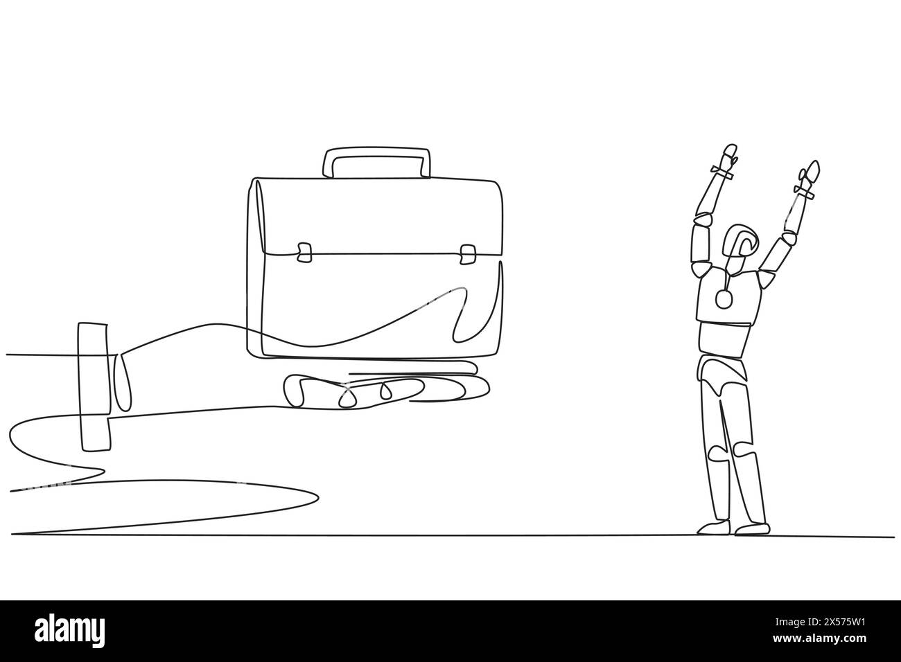 Single continuous line drawing a robot excited to get the briefcase ...