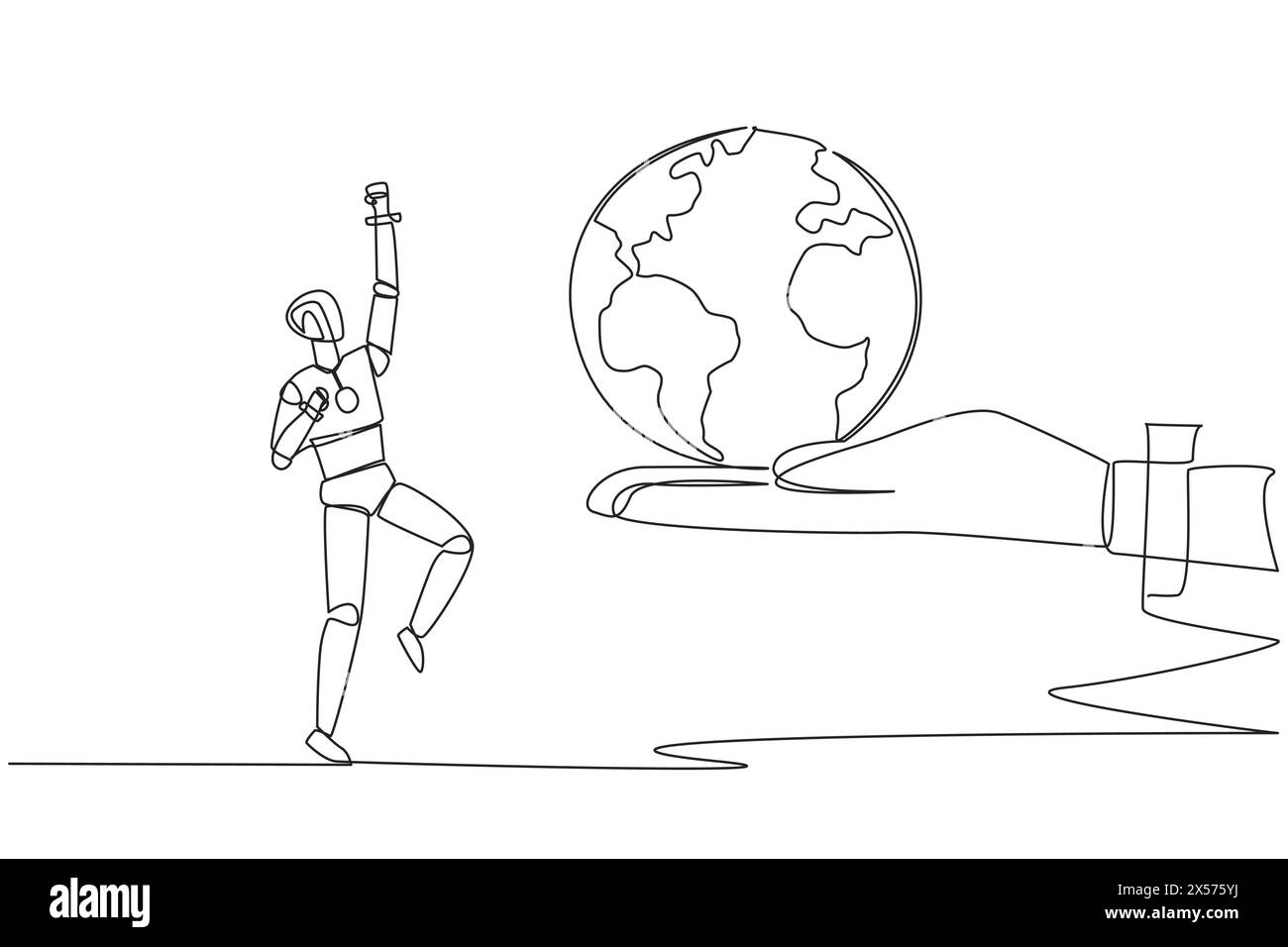 Single continuous line drawing a smart robot is excited to get the ...