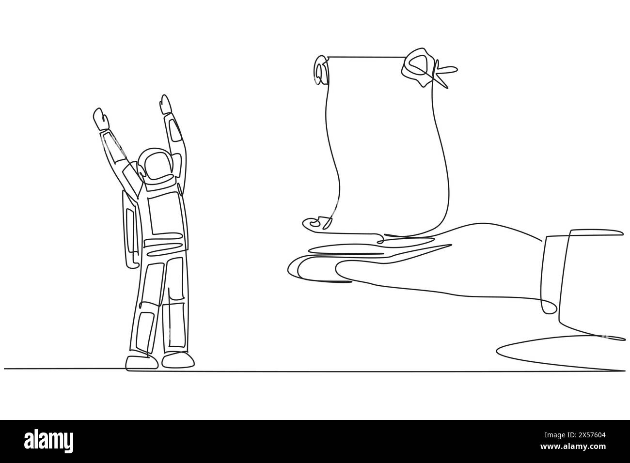 Single one line drawing astronaut was excited to get roll of stamped ...